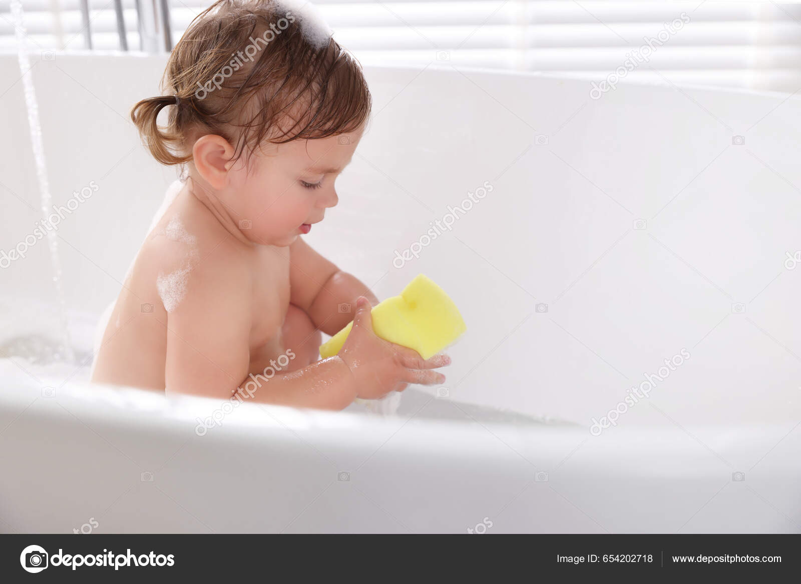 Cute Little Girl Bast Wisp Taking Bubble Bath Space Text — Stock Photo ...