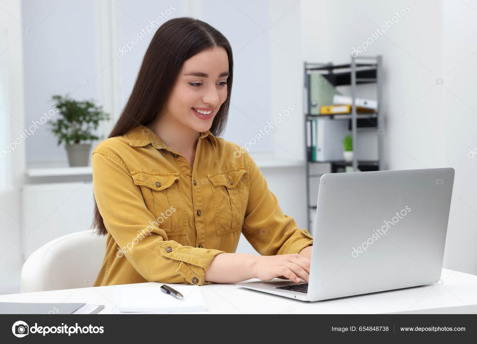 Young Female Intern Working Laptop Table Office — Stock Photo ...