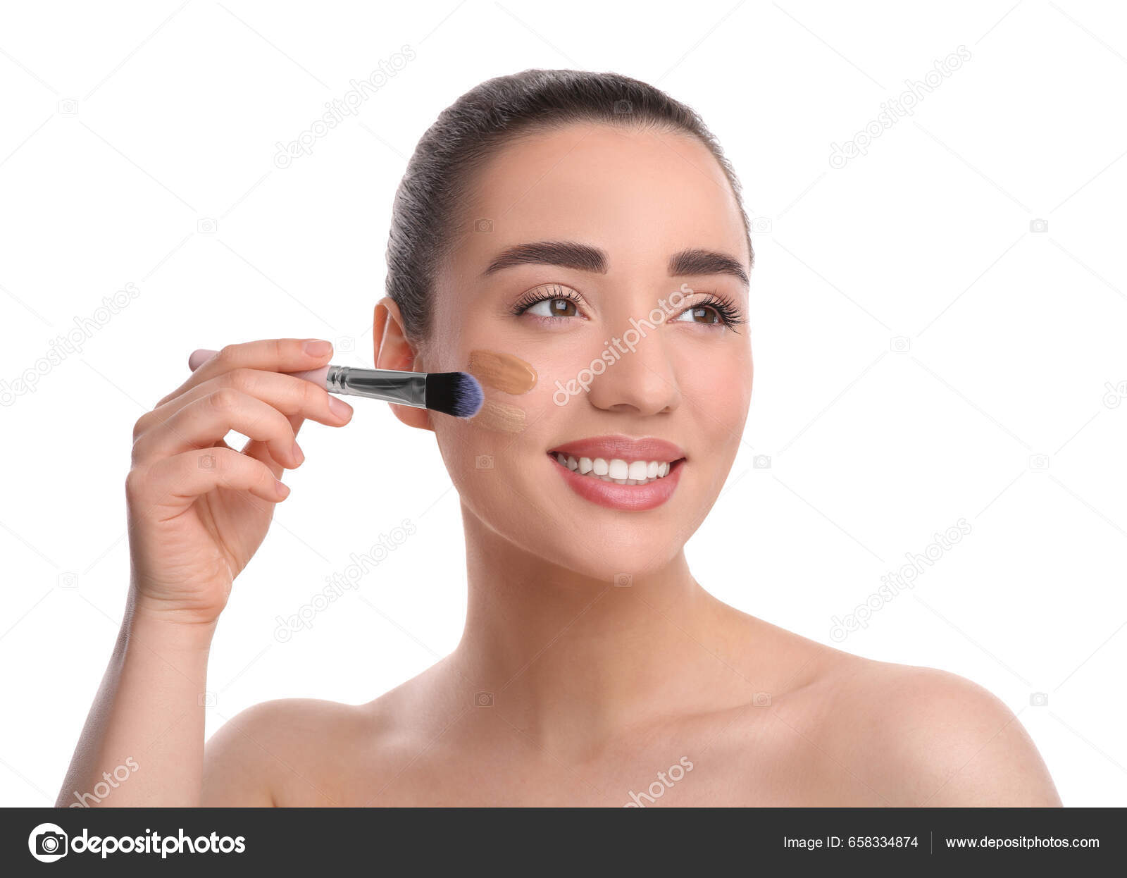 Woman Applying Foundation Face Brush White Background — Stock Photo ...