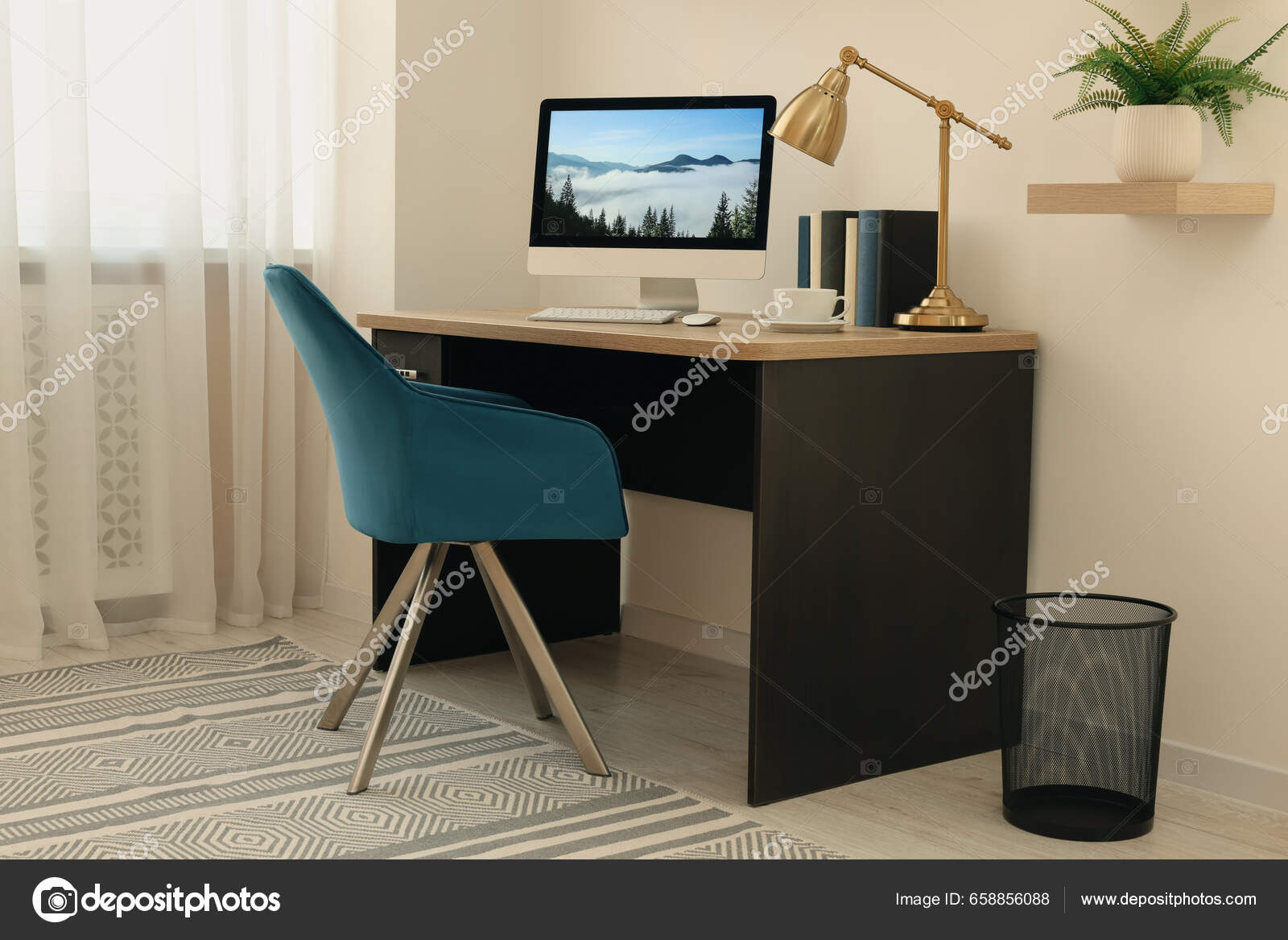 Cozy Workspace Computer Wooden Desk Comfortable Chair Home — Stock ...