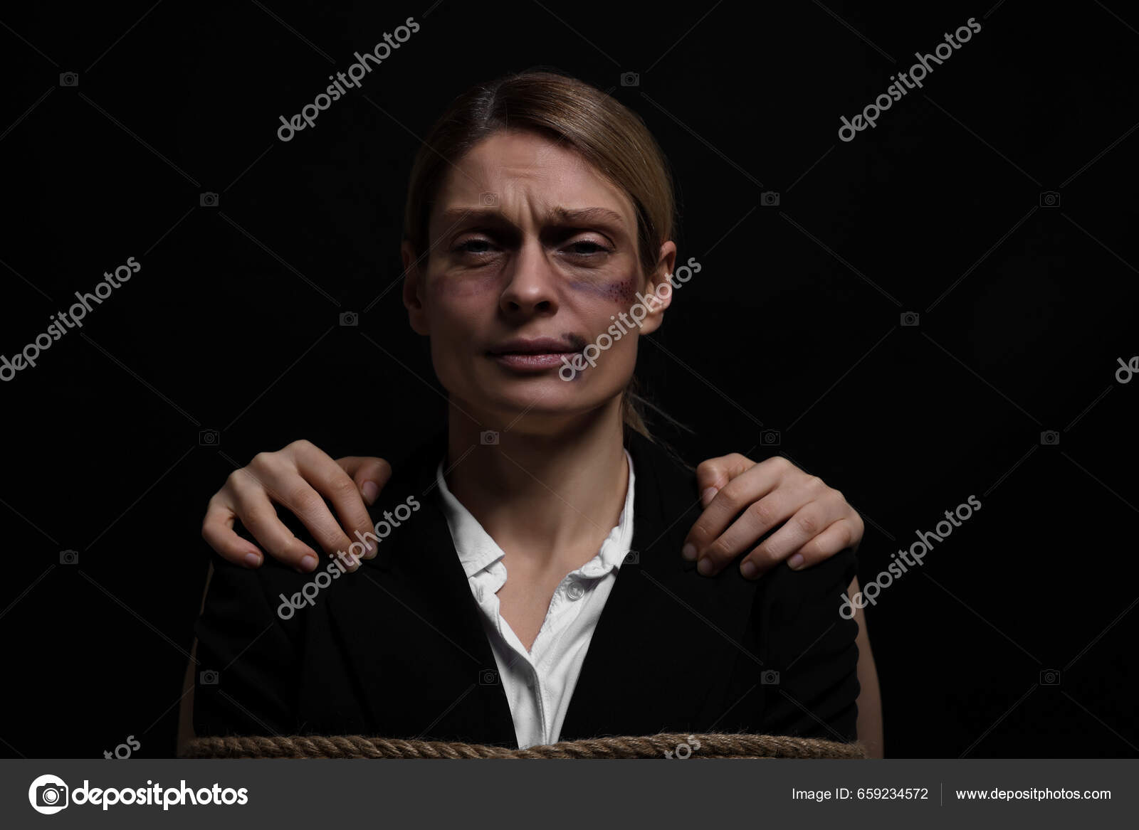 Kidnapper Tied Woman Bruises Dark Background Hostage Stock Photo by ...