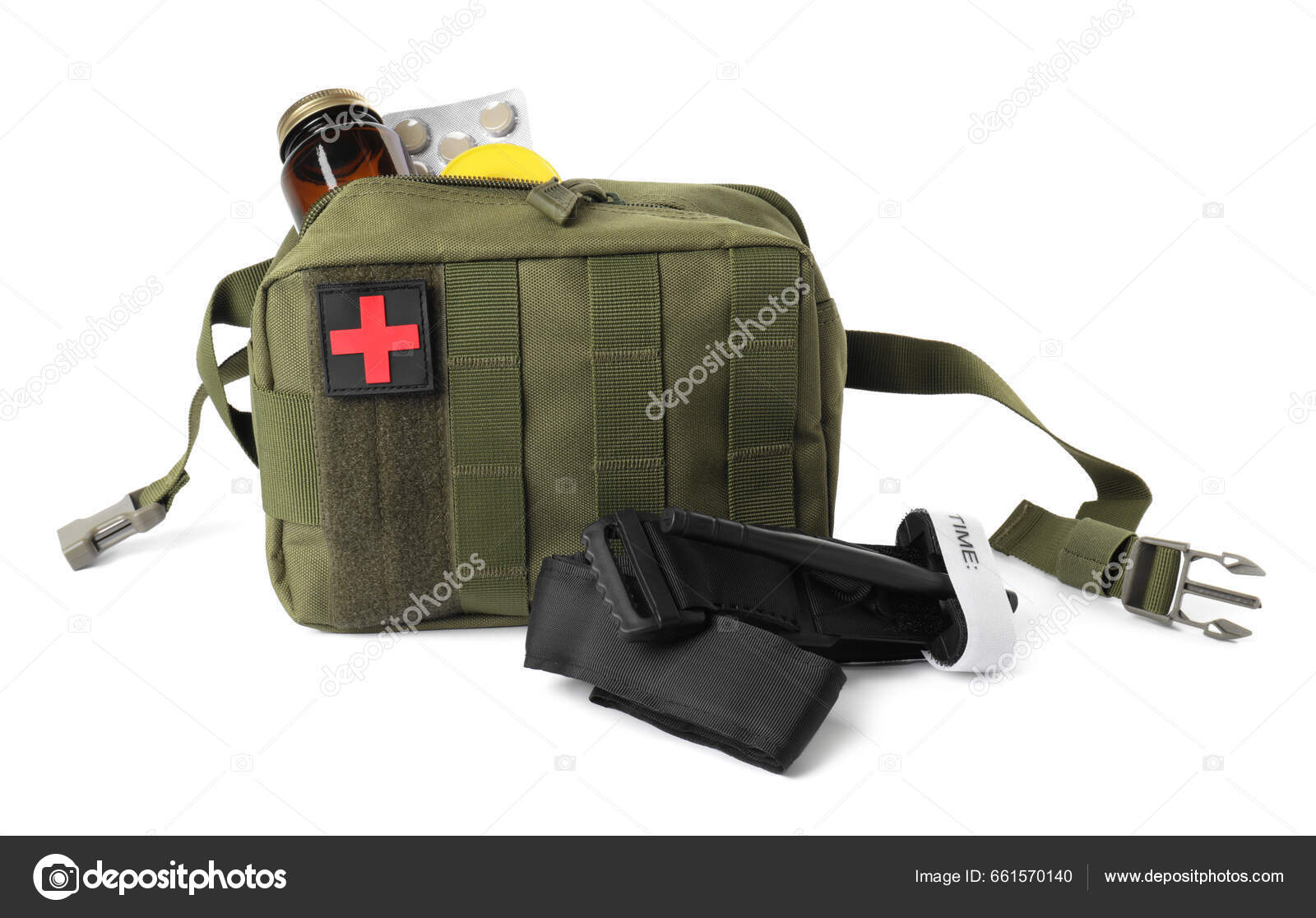 Military First Aid Kit Tourniquet White Background — Stock Photo ...