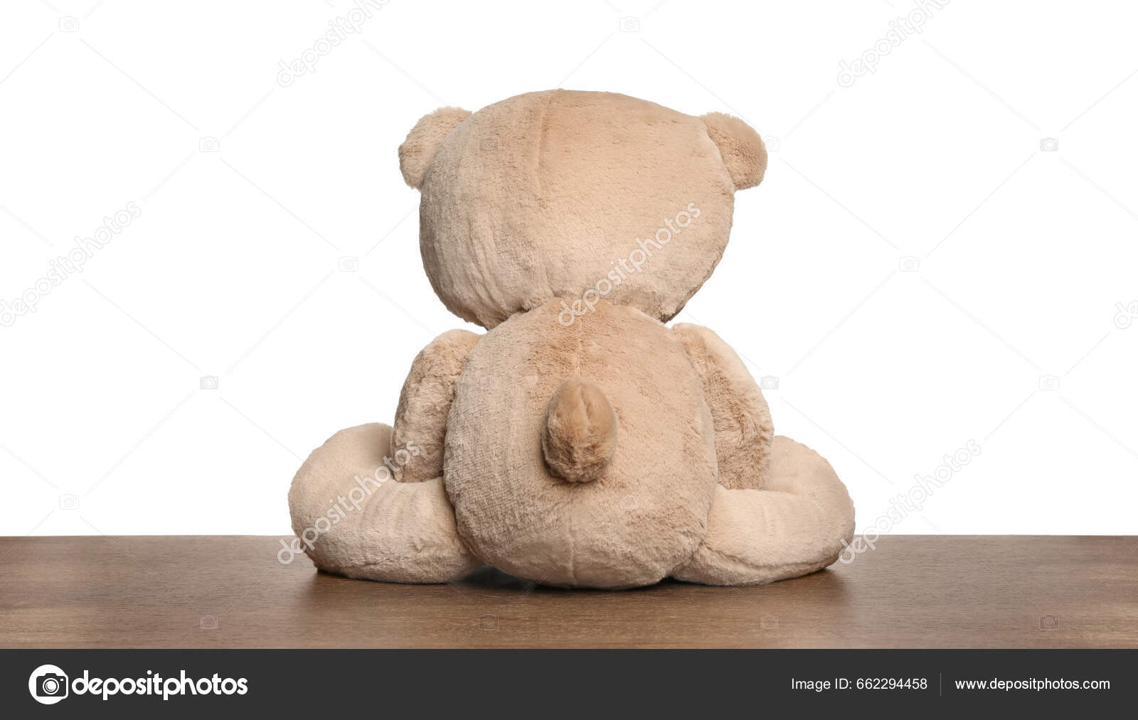 Cute Teddy Bear Wooden Table White Background Back View Stock Photo by ...