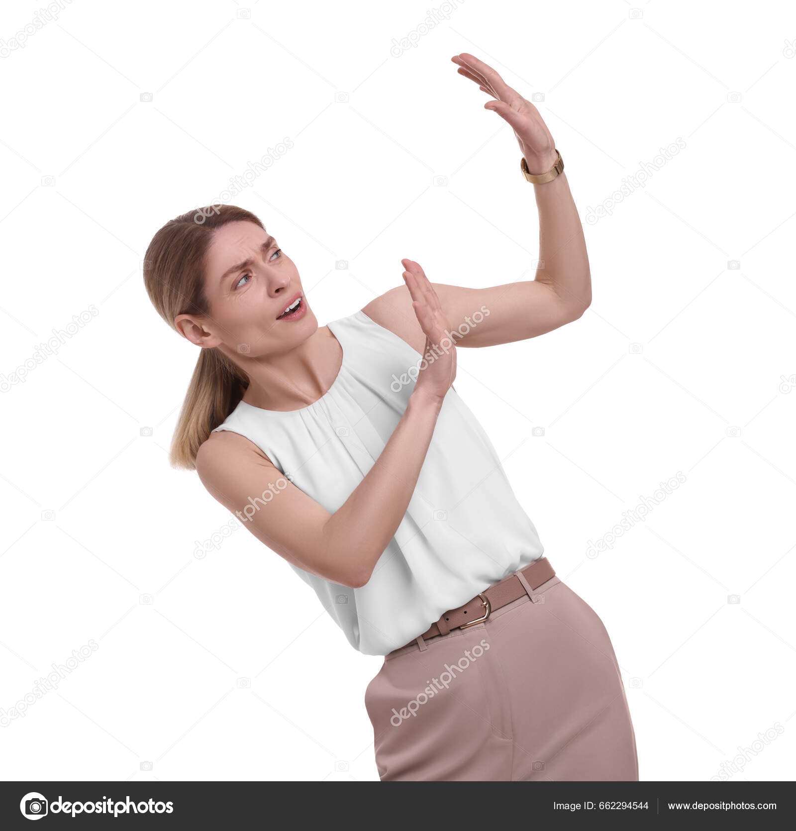 Beautiful Businesswoman Avoiding Something White Background — Stock ...