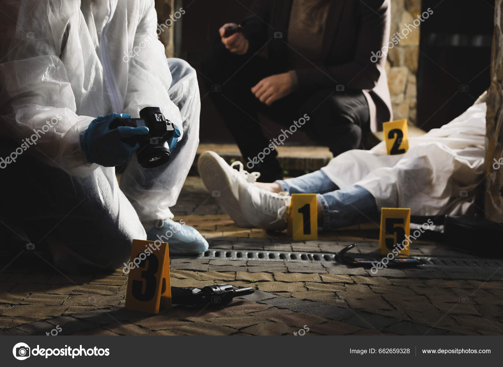 Investigator Criminologist Working Crime Scene Dead Body Outdoors Closeup — Stock Photo ...