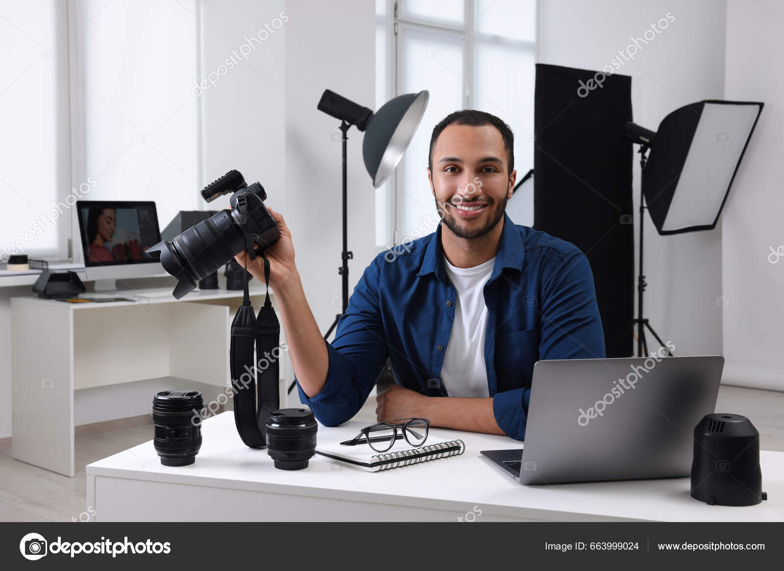 Young Professional Photographer Camera Table Modern Photo Studio Stock ...