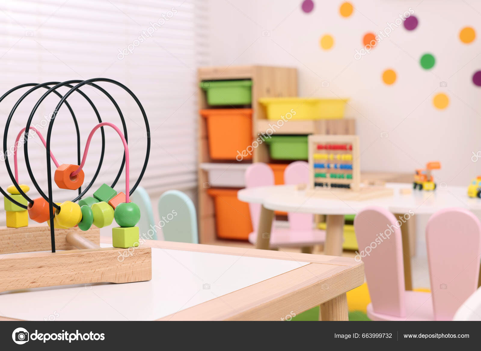 Toy Bead Maze Wooden Table Playroom Space Text Kindergarten Interior ...