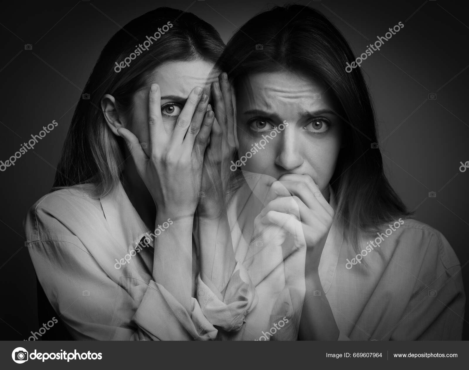 Suffering Hallucinations Double Exposure Photos Woman Dark Background ...