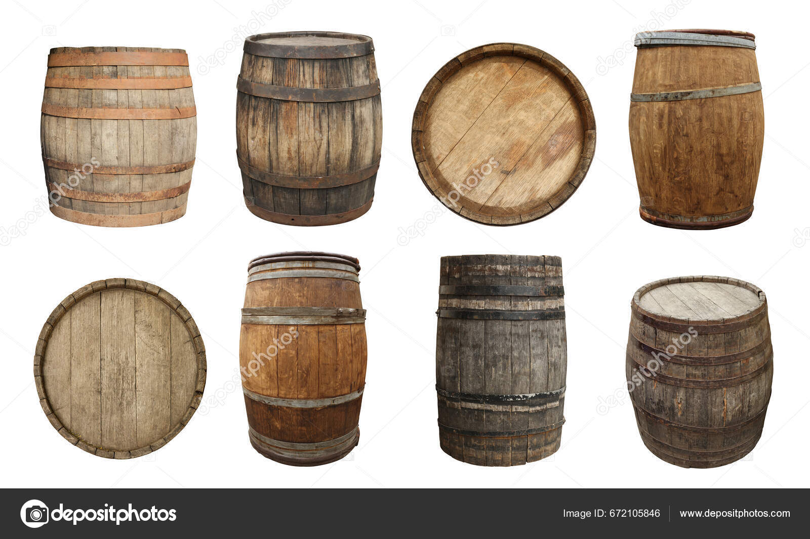 Different Wooden Barrels Isolated White Top Side Views Collage Design ...