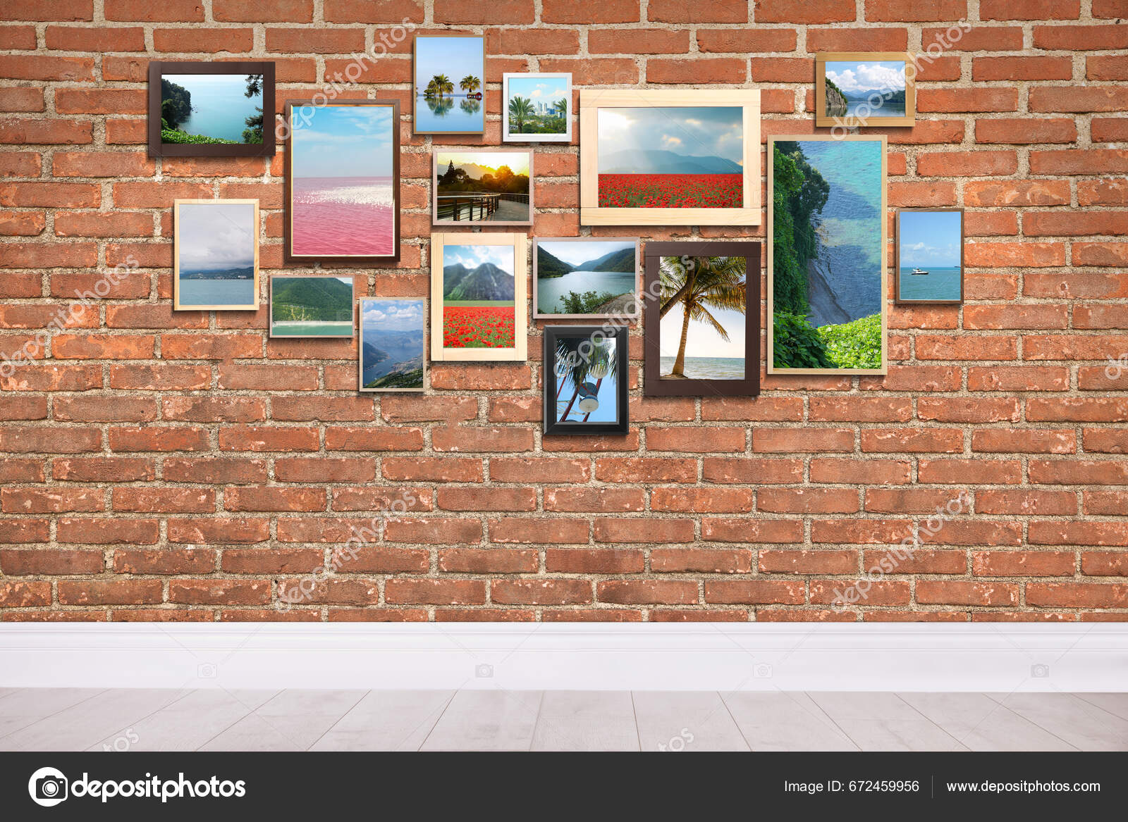 Many Beautiful Landscapes Frames Brick Wall Room — Stock Photo ...
