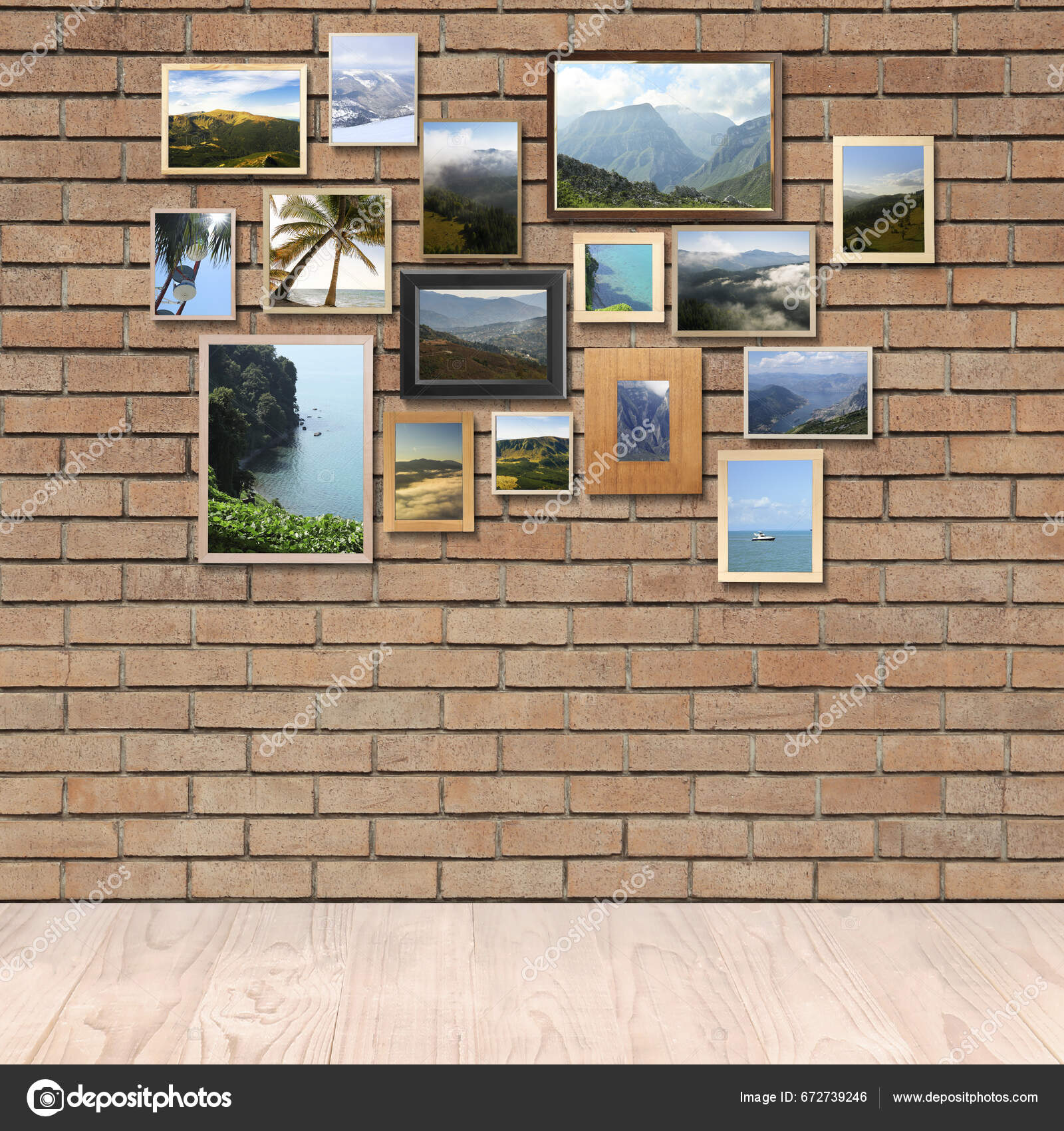 Many Beautiful Landscapes Frames Brick Wall Room — Stock Photo ...