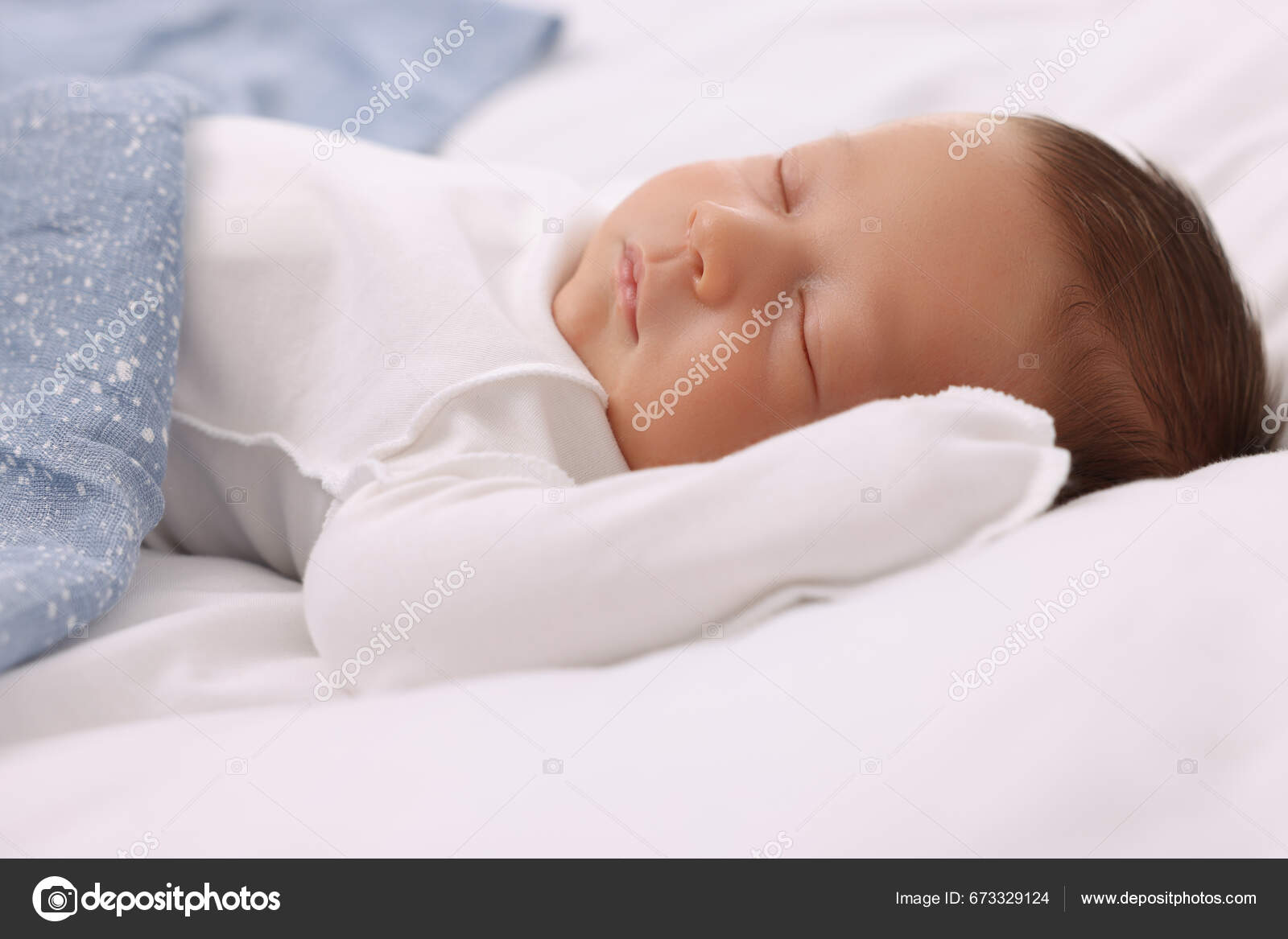 Cute Newborn Baby Sleeping Blue Blanket Bed Closeup — Stock Photo ...
