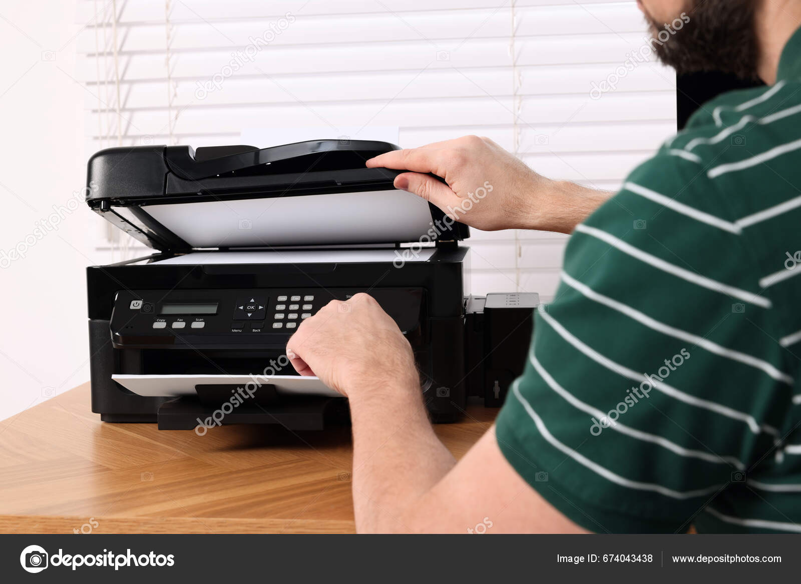 Man Using Modern Printer Wooden Table Indoors Closeup — Stock Photo ...