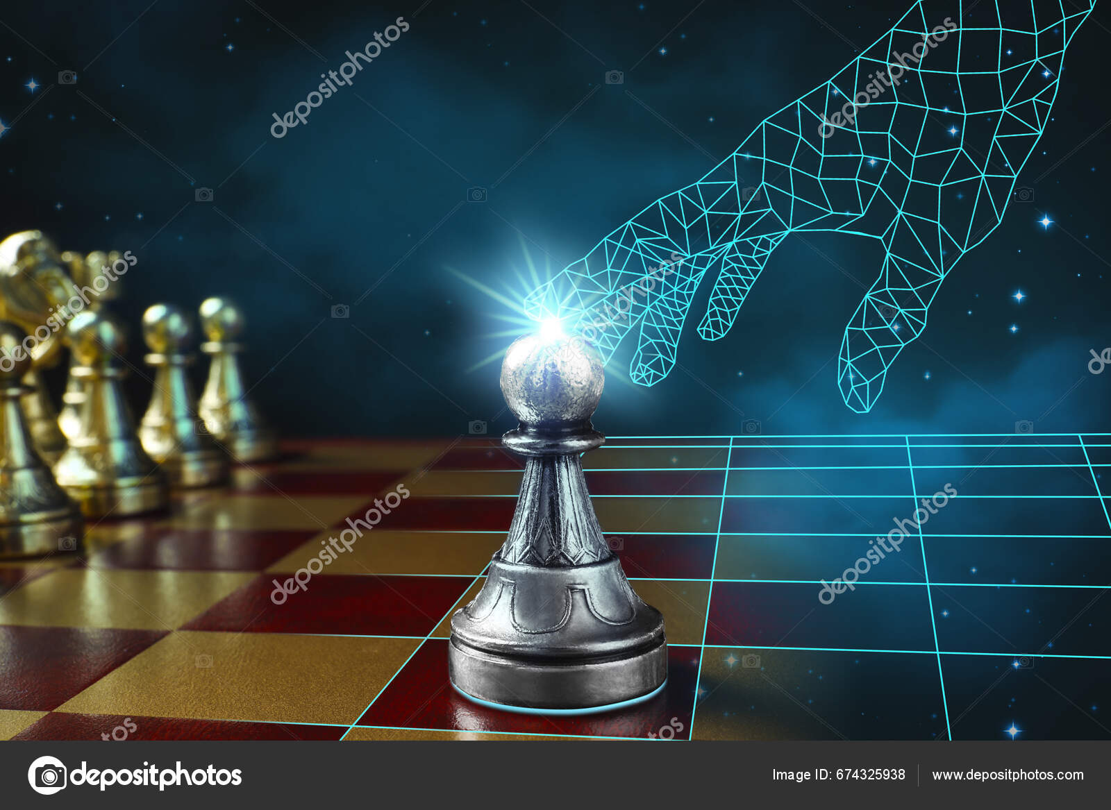 Digital Hand Symbolizing Artificial Intelligence Touching Pawn — Stock ...