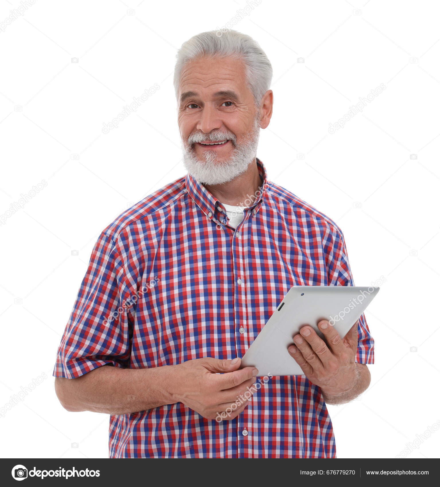 Smiling Man Tablet White Background — Stock Photo © NewAfrica #676779270