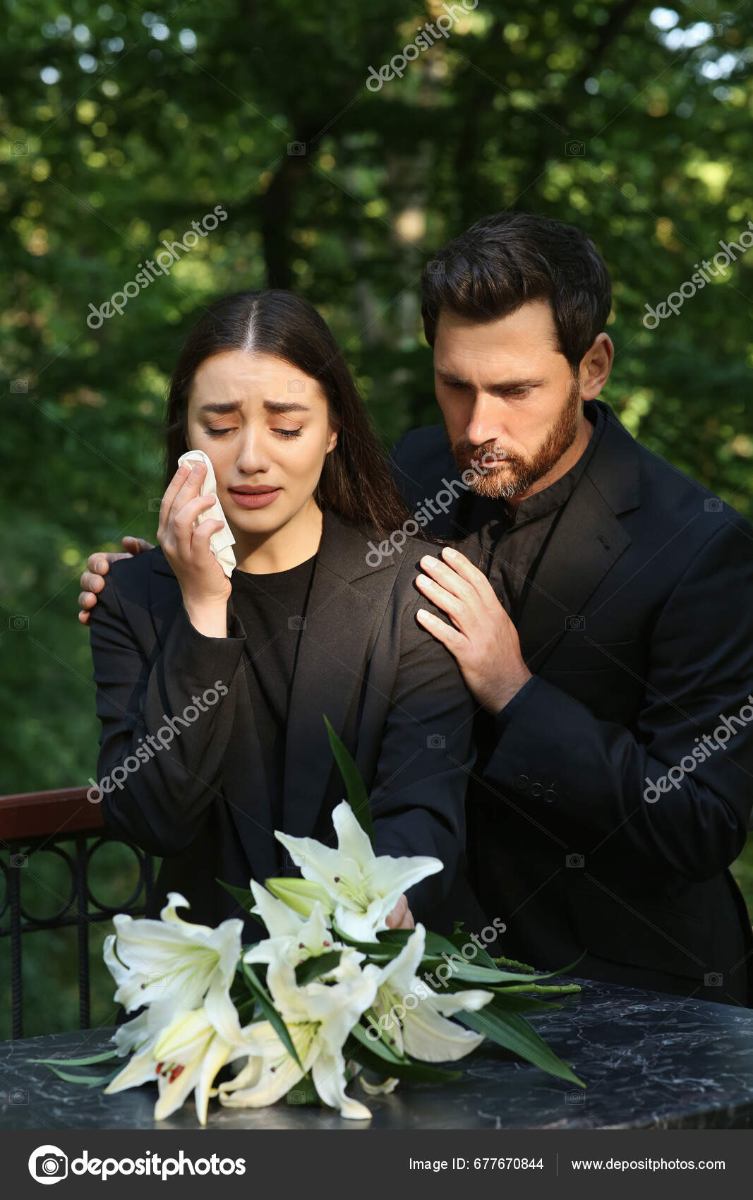 Sad Couple Mourning Granite Tombstone White Lilies Cemetery Funeral ...