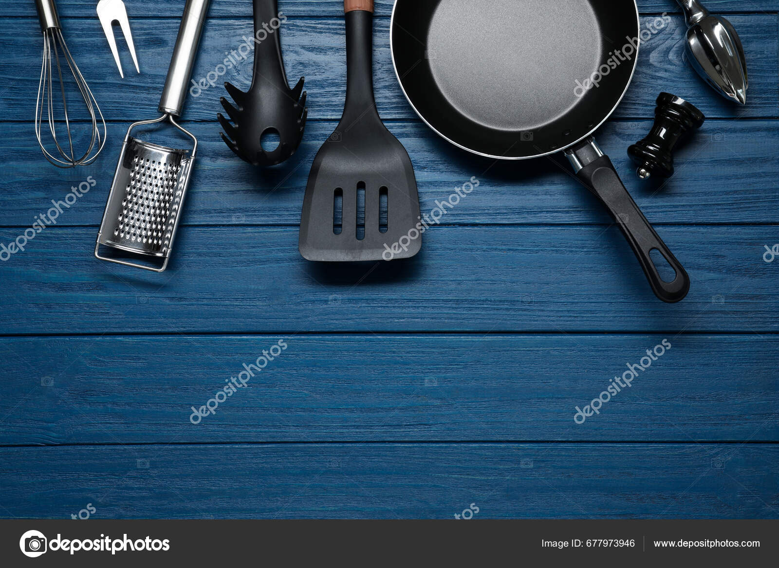 Set Different Kitchen Utensils Blue Wooden Table Flat Lay Space — Stock ...