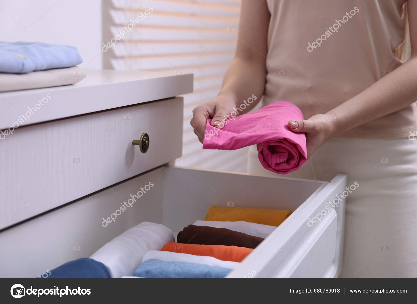 Woman Putting Rolled Shirt Drawer Home Closeup Organizing Clothes ...
