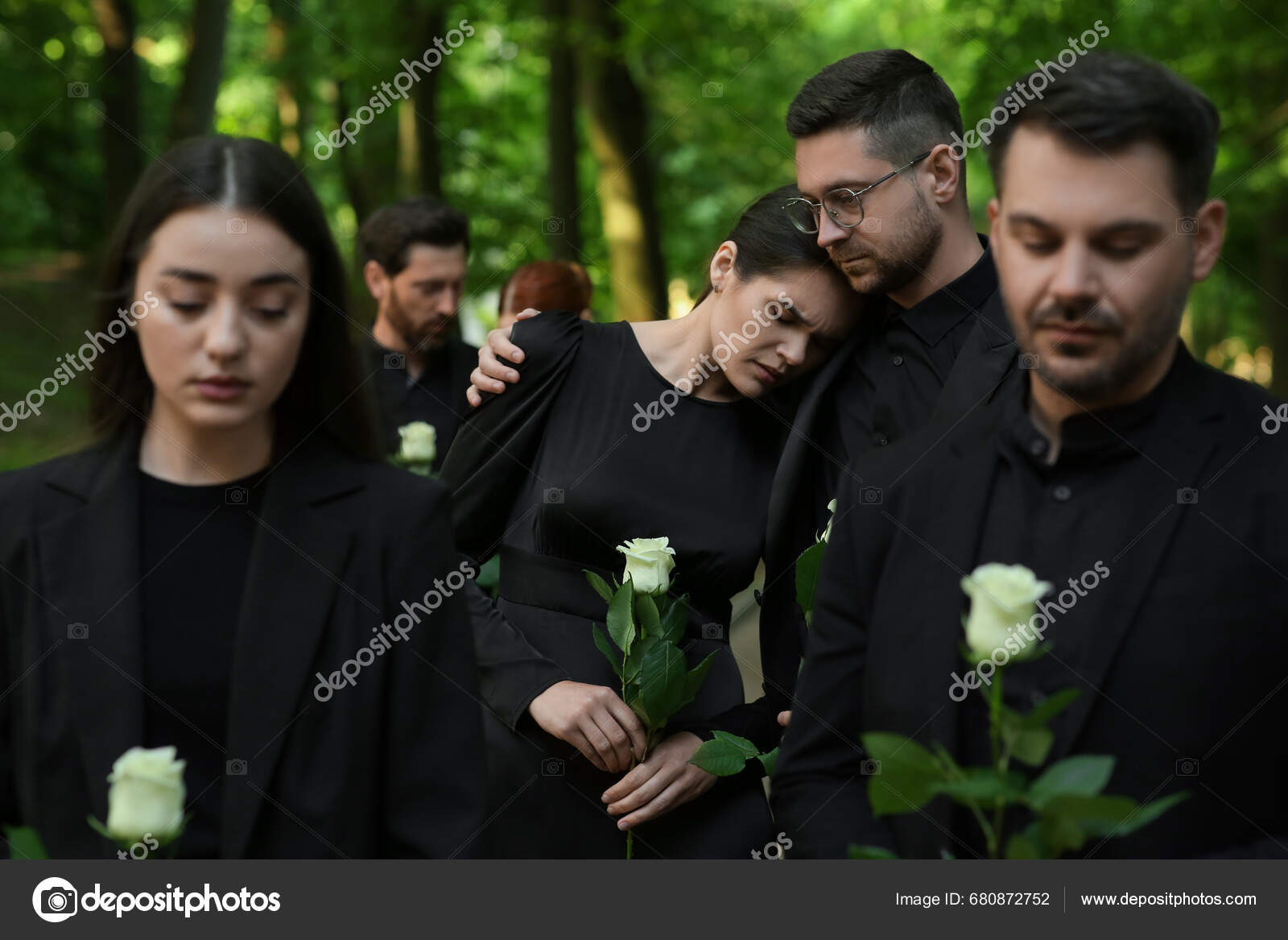 Funeral Ceremony Sad People White Rose Flowers Mourning Outdoors ...