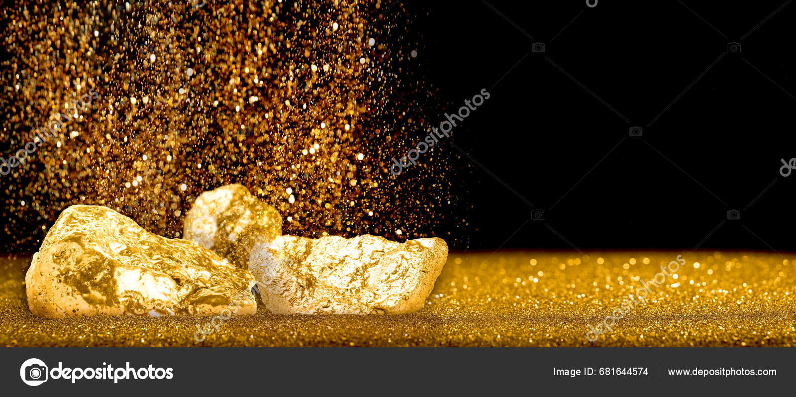 Gold Dust Falling Gold Nuggets Black Background Banner Design Space ...
