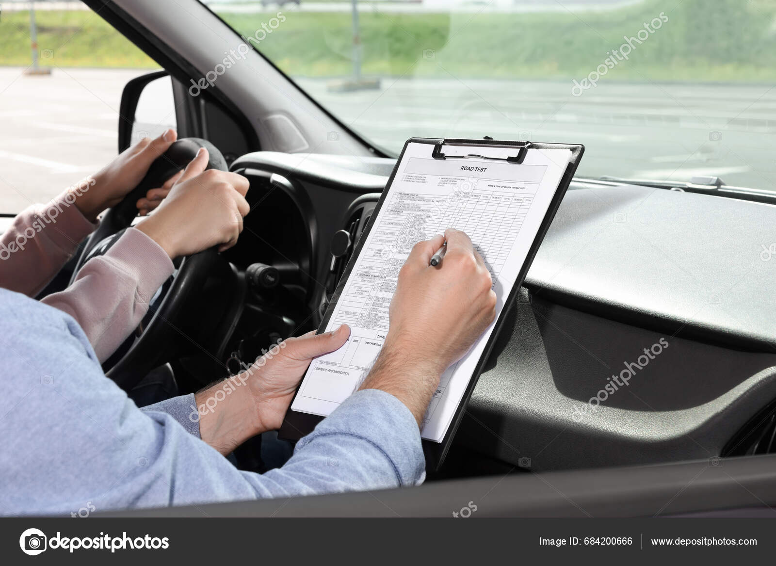 Driving School Student Passing Driving Test Examiner Car Parking Lot ...