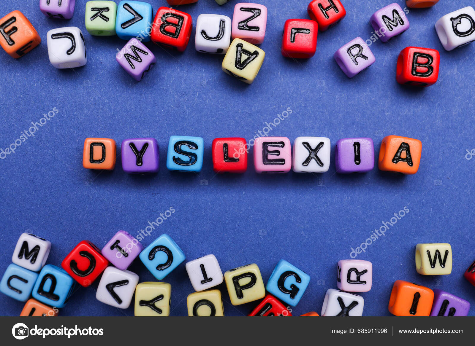 Colorful Beads Word Dyslexia Blue Background Flat Lay — Stock Photo ...