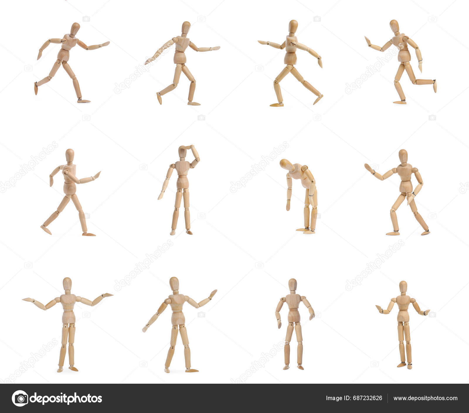 Wooden Puppet White Background Collection Different Poses — Stock Photo ...