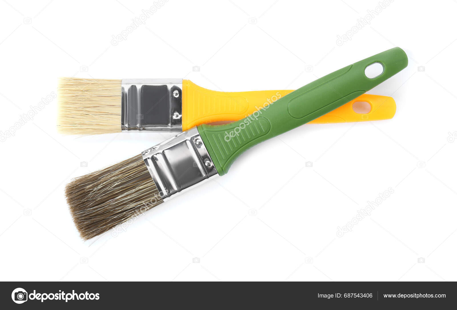 Two Paint Brushes Colorful Handles Isolated White Top View — Stock ...