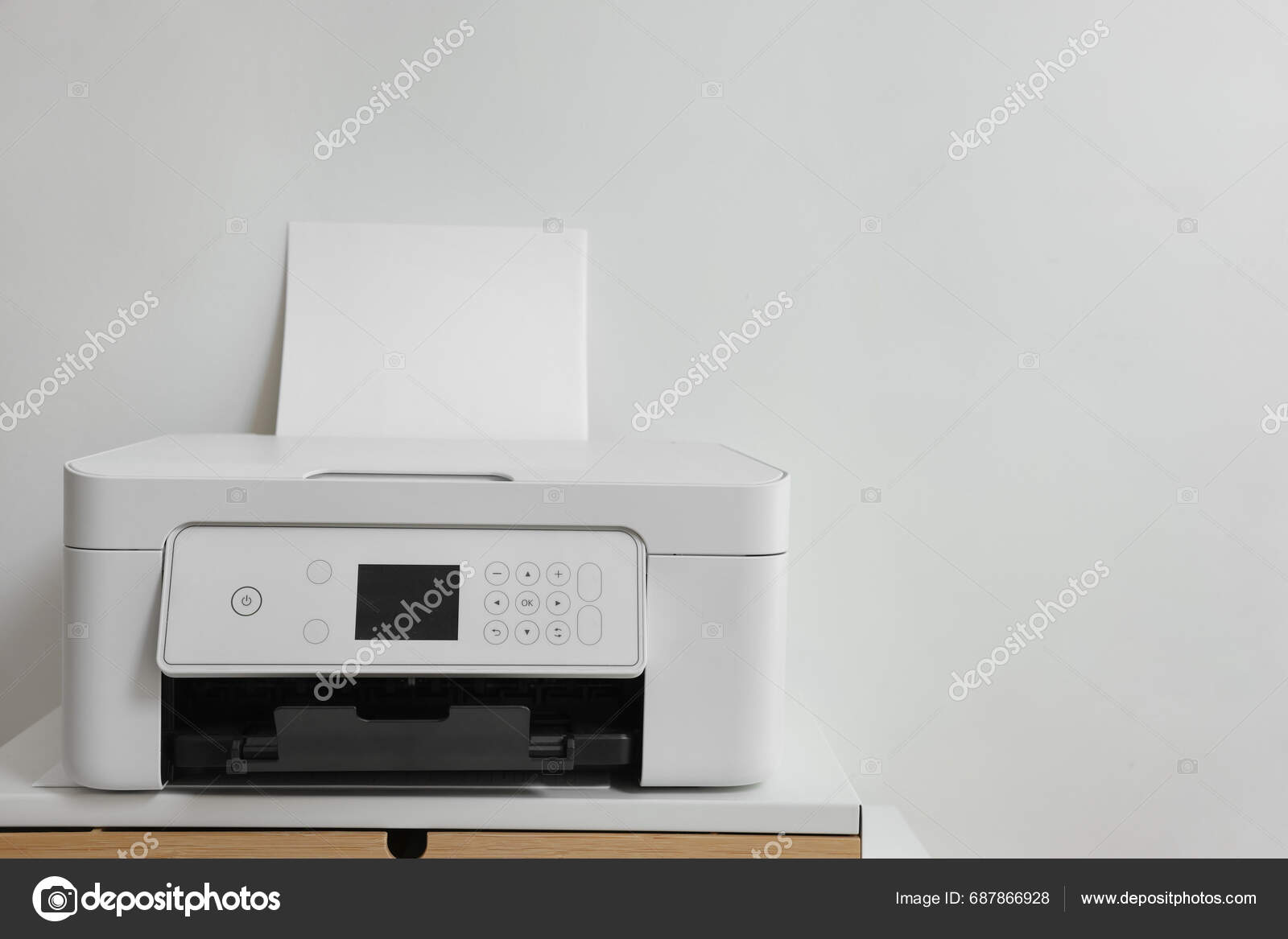 Modern Printer Paper Table White Wall Space Text — Stock Photo ...