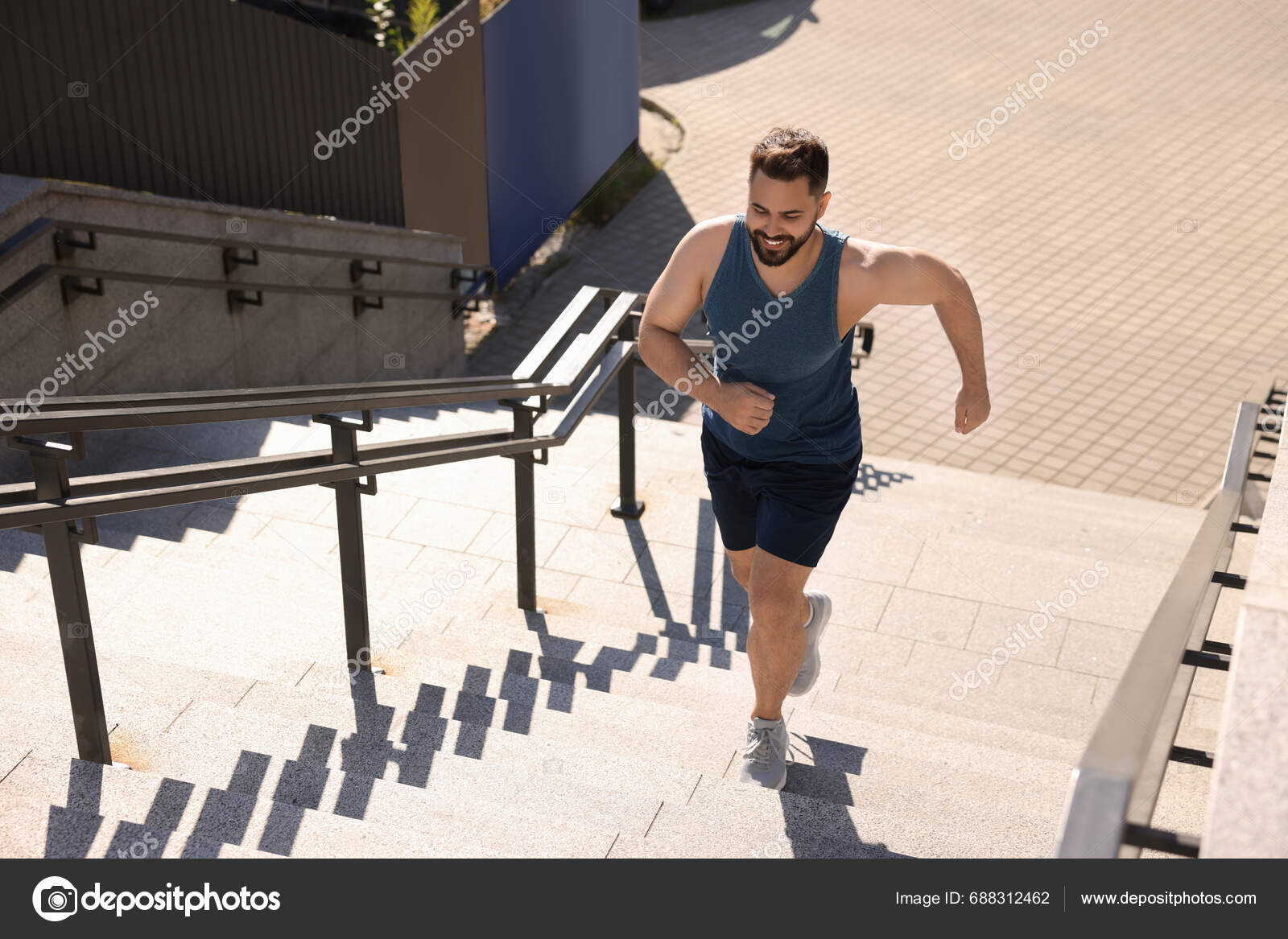 Smiling Man Running Stairs Outdoors Sunny Day View Space Text — Stock ...