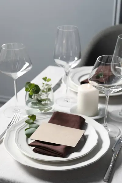 Beautiful Place Setting Candles Eucalyptus White Marble Table — Stock ...