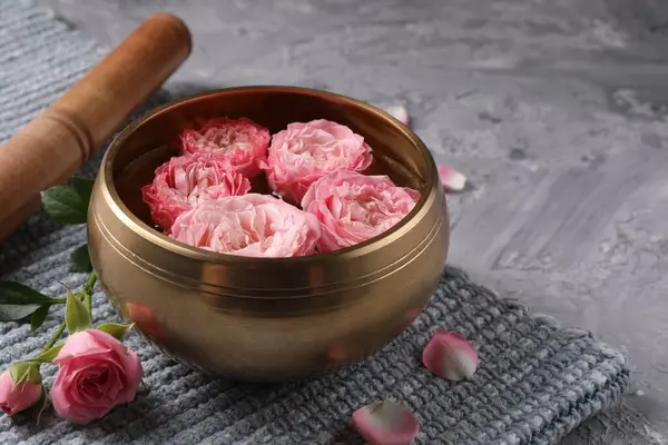 Tibetan Singing Bowl Water Mallet Beautiful Rose Flowers White ...