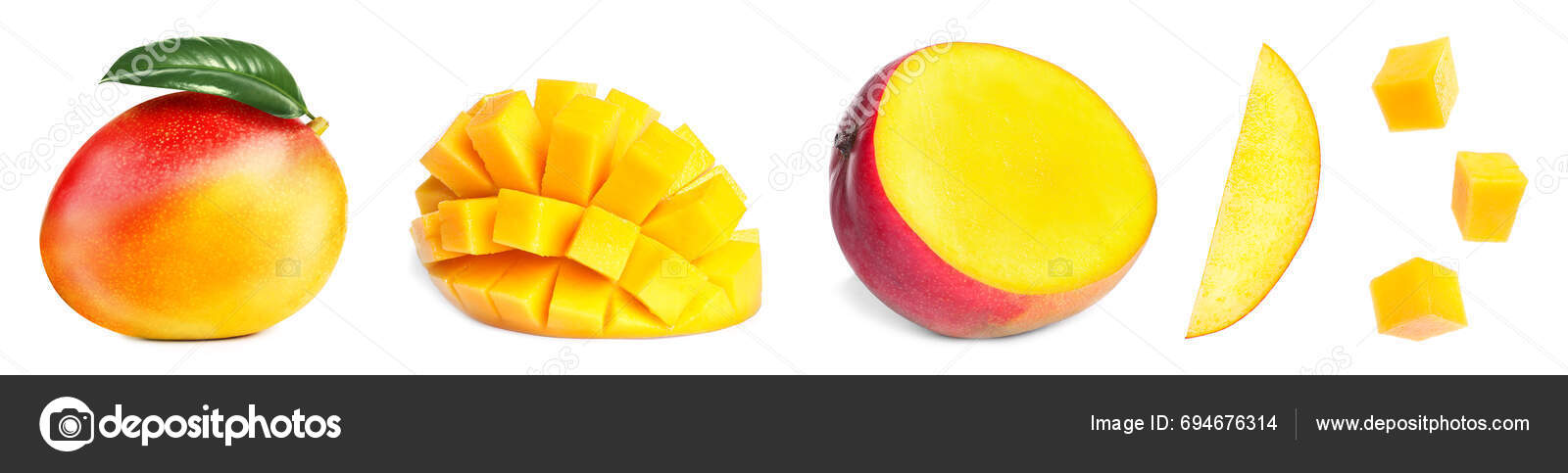 Mango Fruits Cut Different Ways One Whole Isolated White — Stock Photo ...