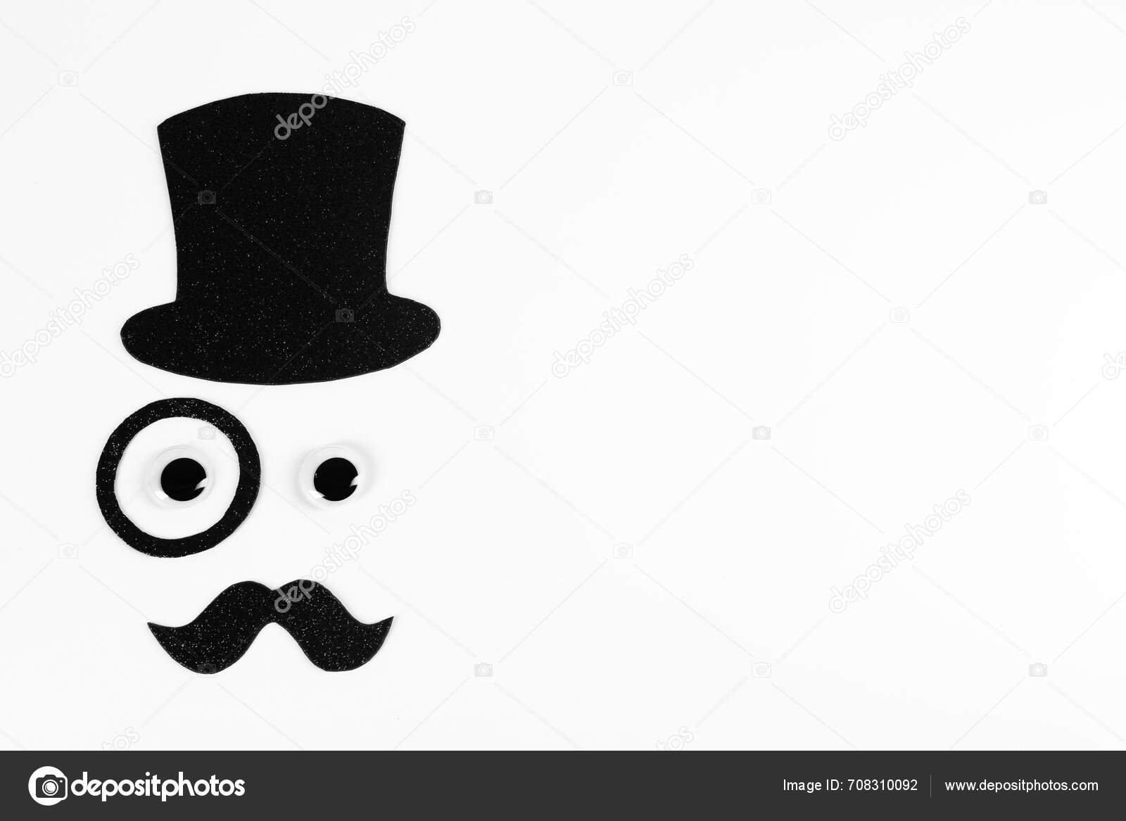 Man's Face Made Fake Mustache Hat Eyes Monocle White Background — Stock ...