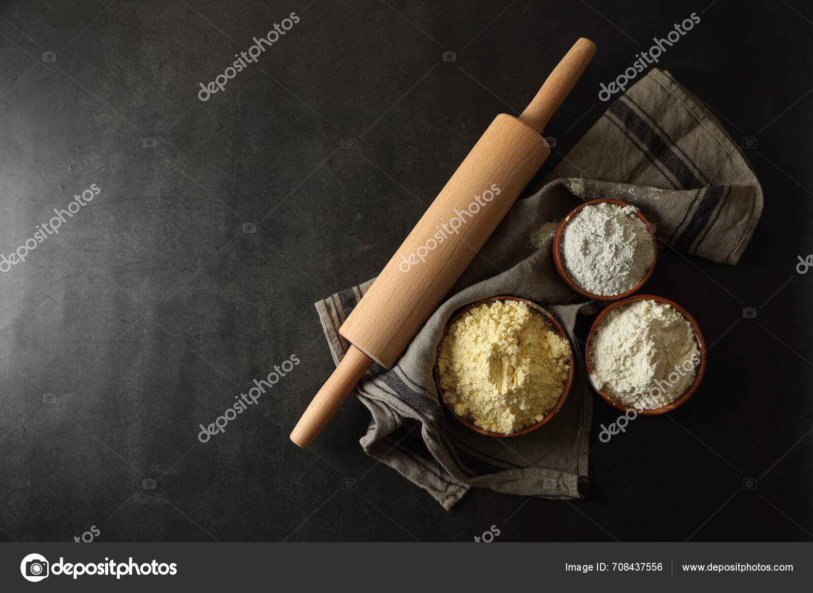 Rolling Pin Different Types Flour Black Table Top View Space — Stock ...