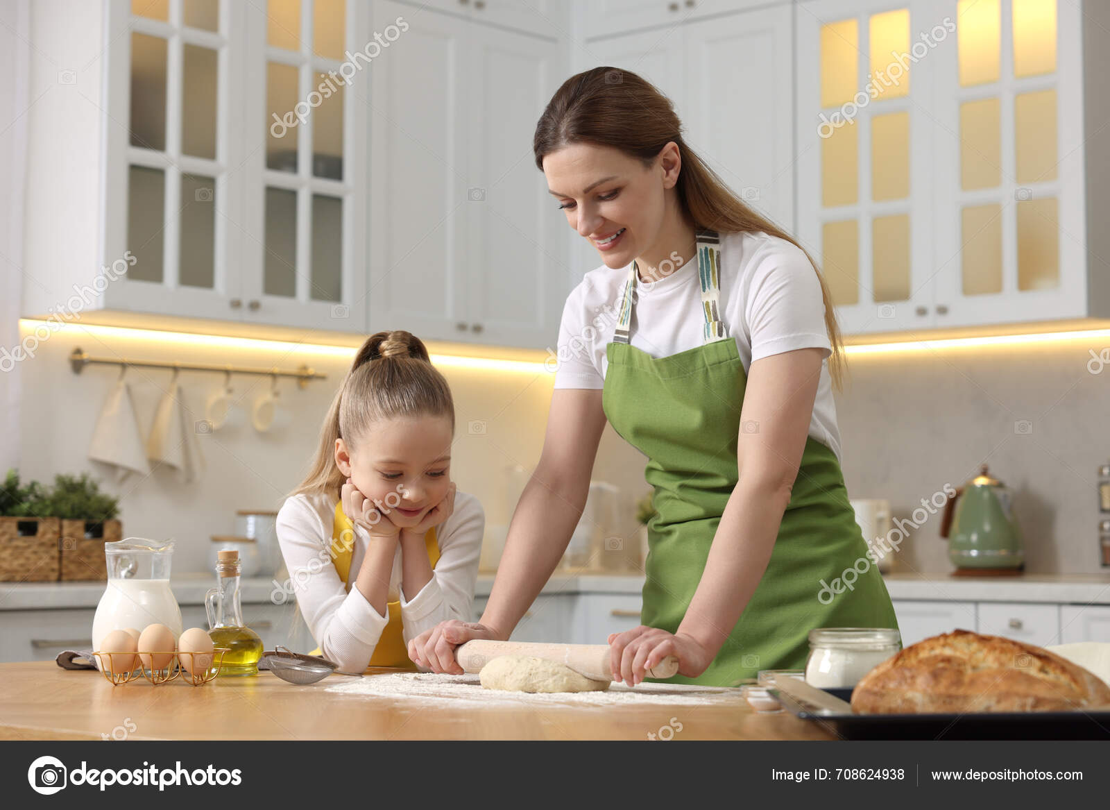 Making Bread Mother Her Daughter Rolling Dough Wooden Table Kitchen ...