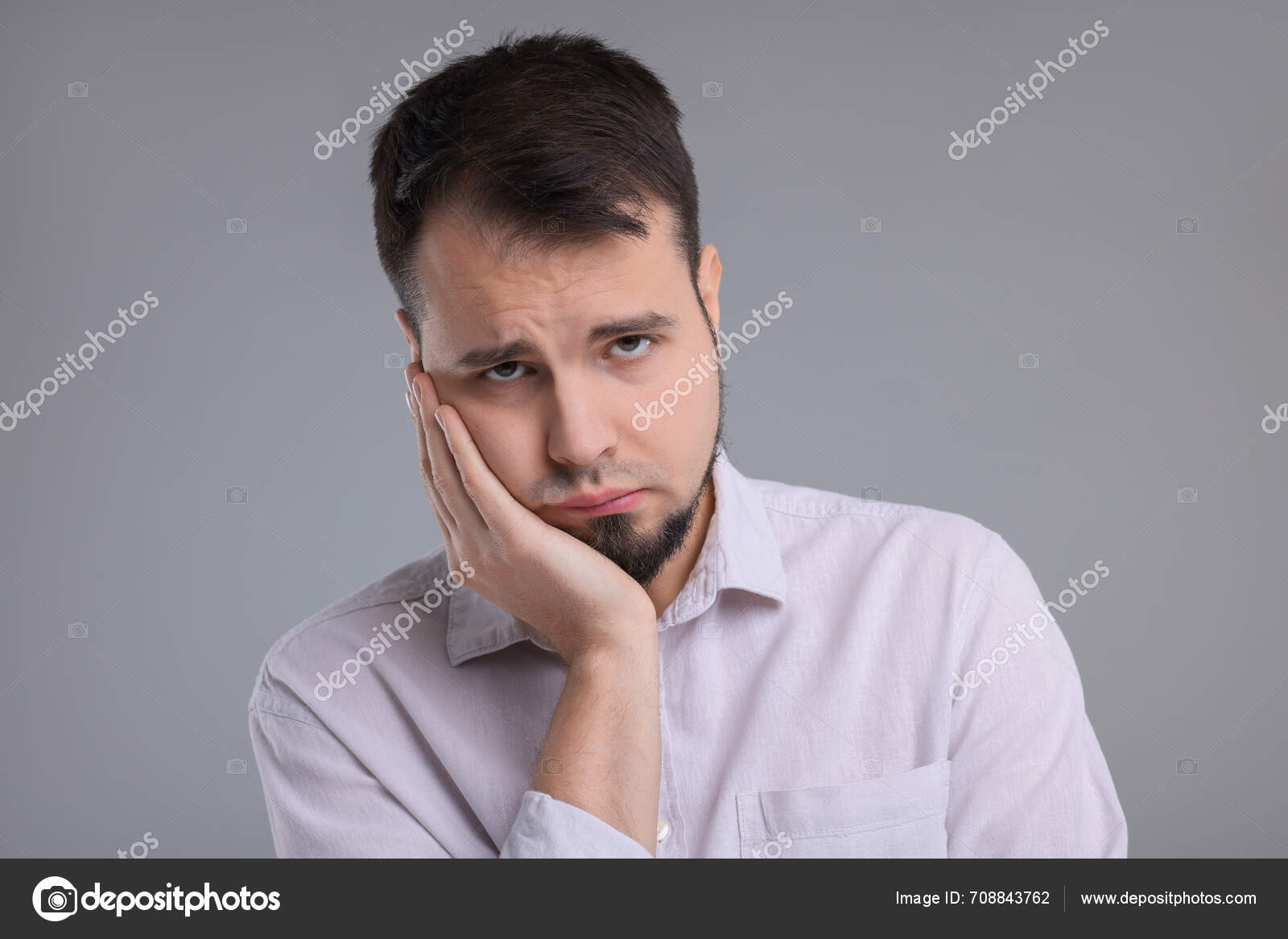 Portrait Sad Man Grey Background — Stock Photo © NewAfrica #708843762