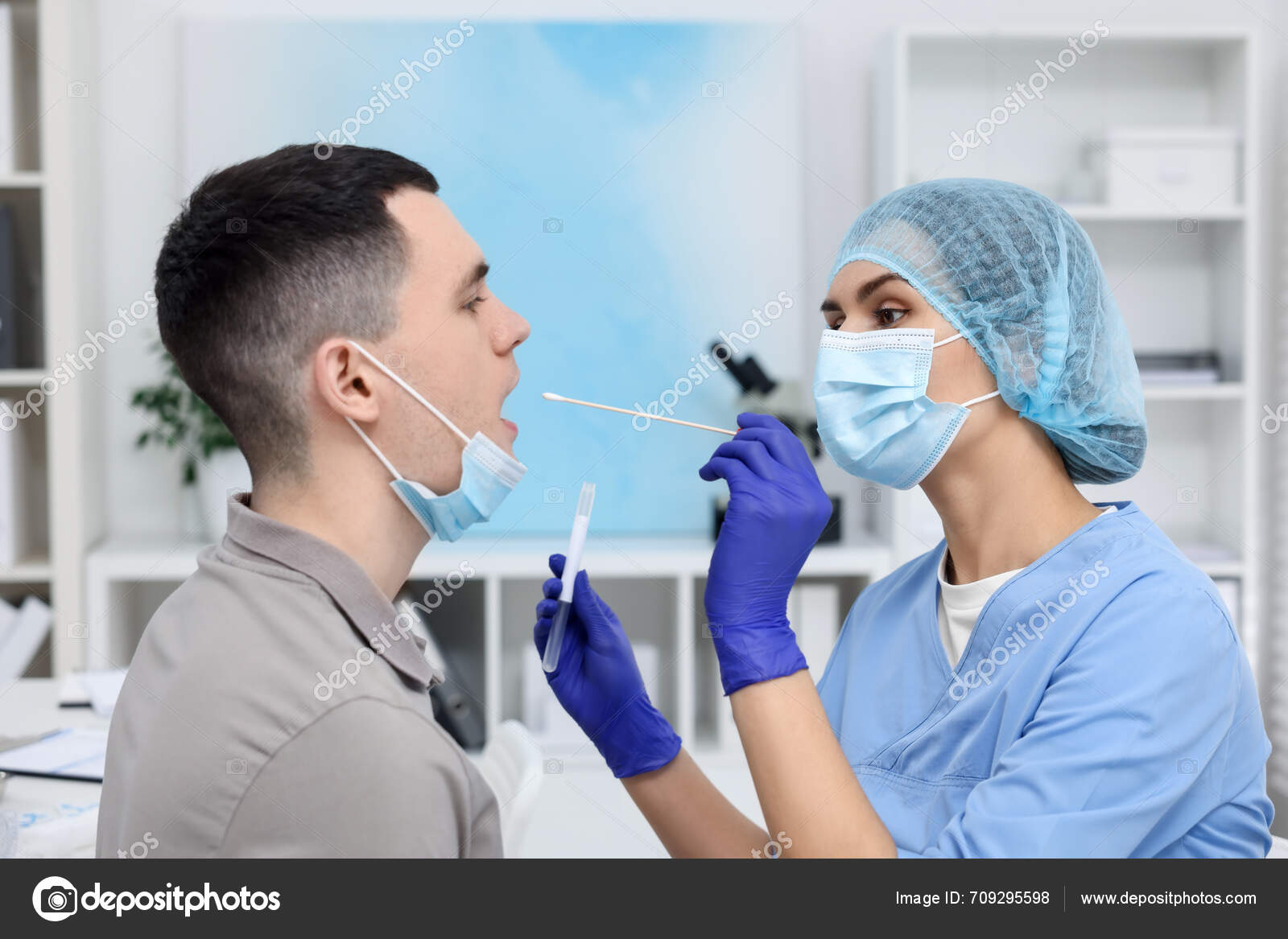 Laboratory Testing Doctor Taking Sample Patient's Mouth Cotton Swab ...