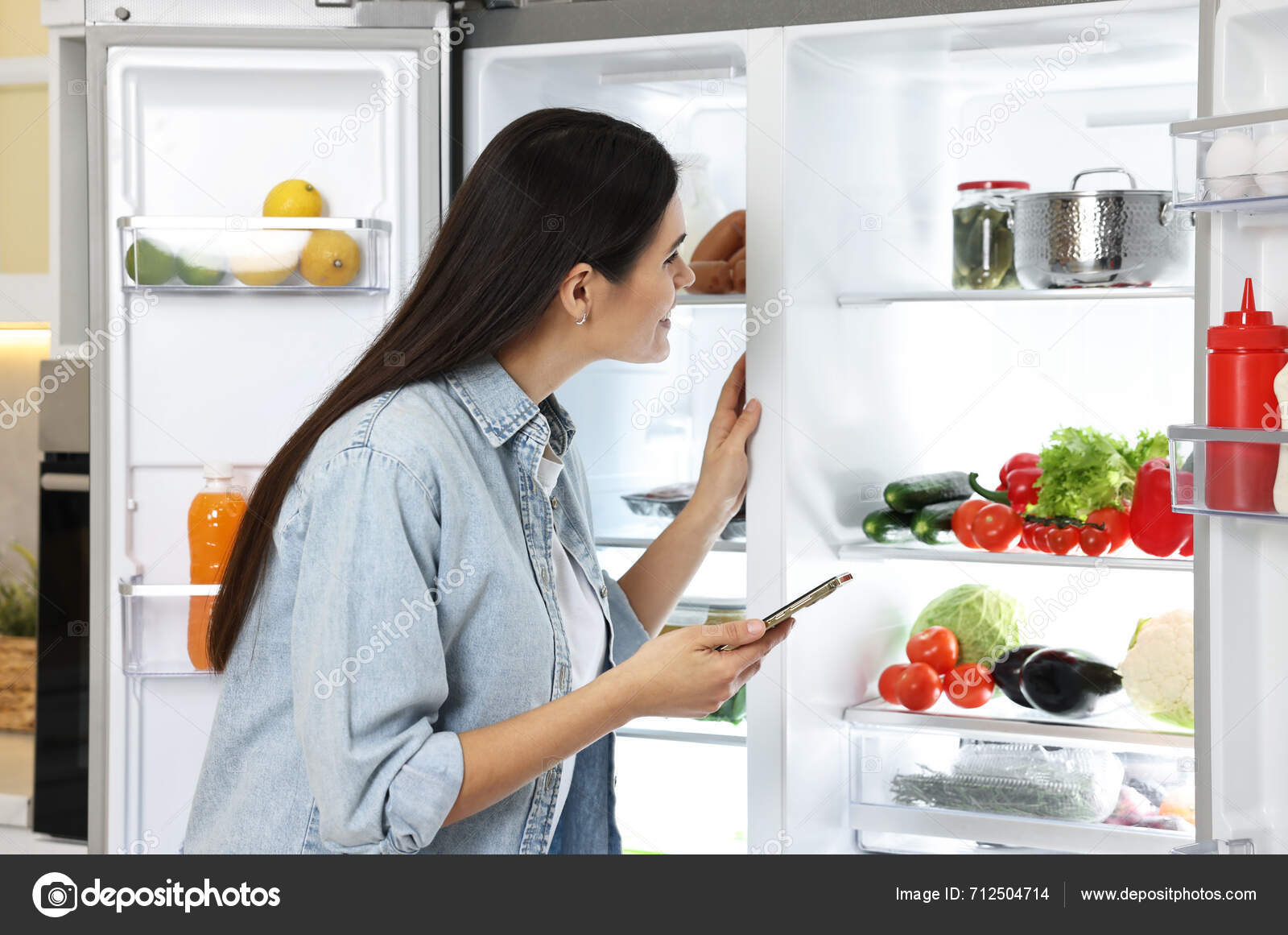 Young Woman Smartphone Modern Refrigerator Kitchen — Stock Photo ...
