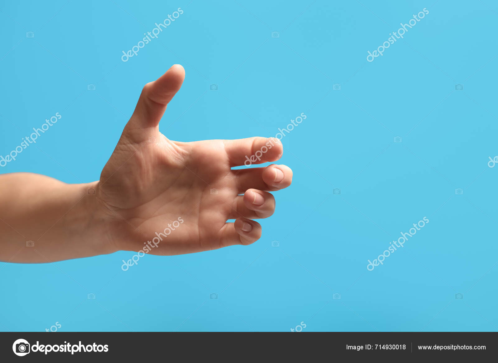 Woman Holding Something Hand Light Blue Background Closeup Space Text ...