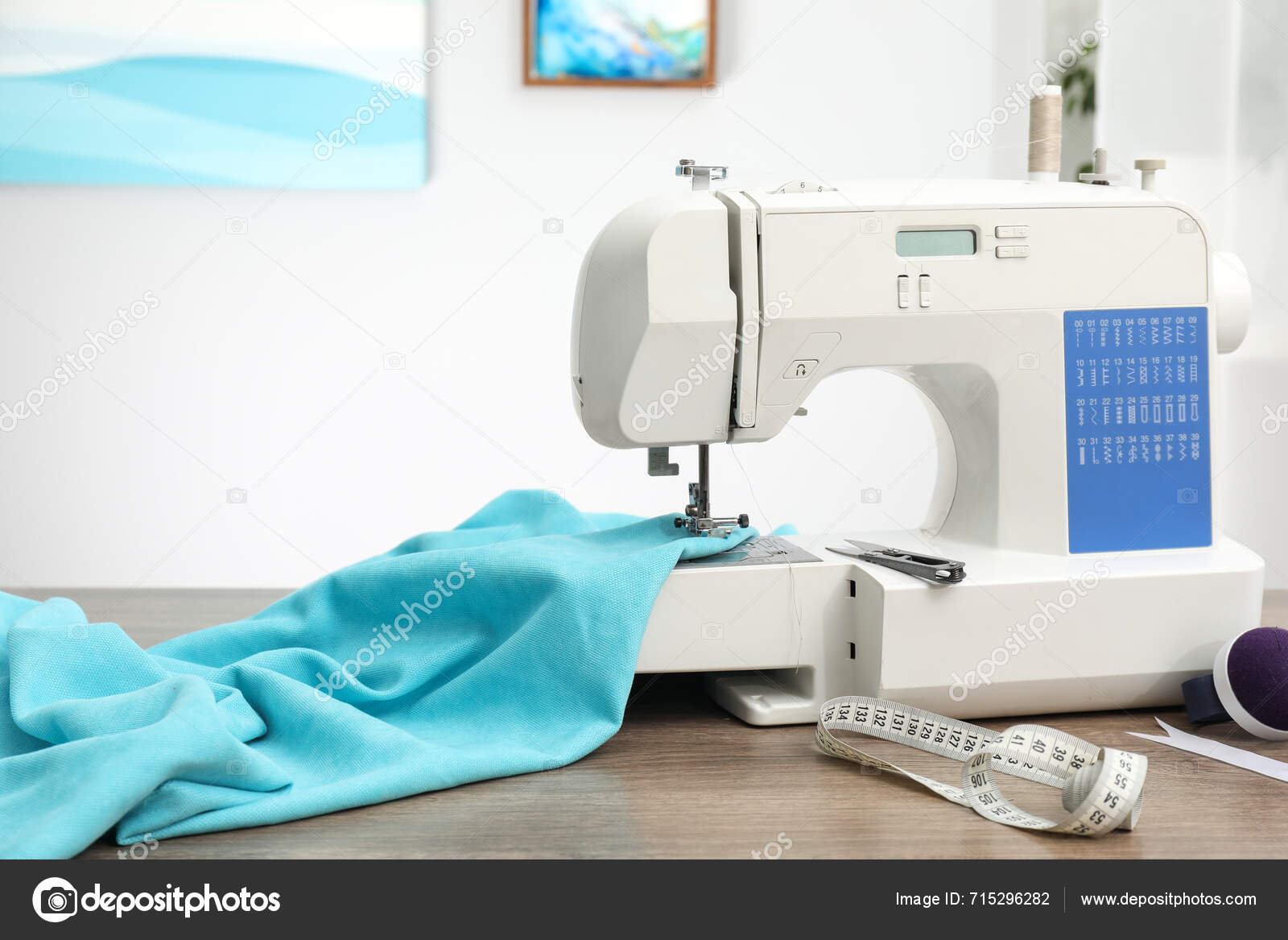 White Sewing Machine Cloth Wooden Table Indoors — Stock Photo ...