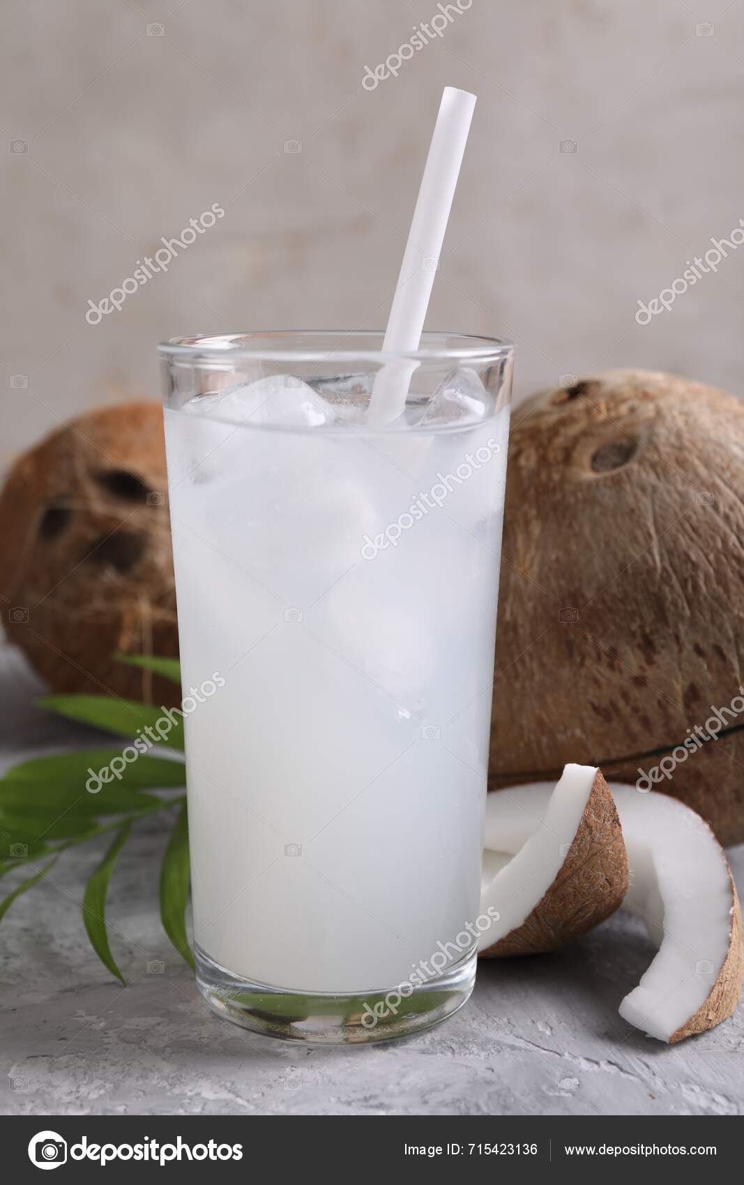 Glass Coconut Water Ice Cubes Palm Leaf Nuts Grey Table — Stock Photo ...