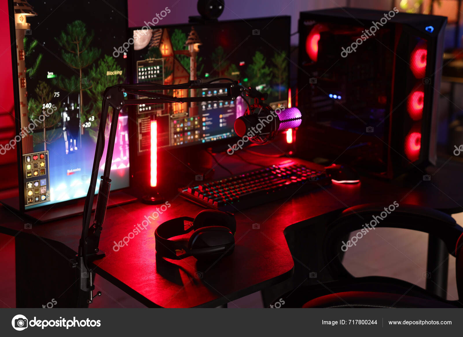 Playing Video Games Modern Computer Microphone Headphones Table Indoors ...