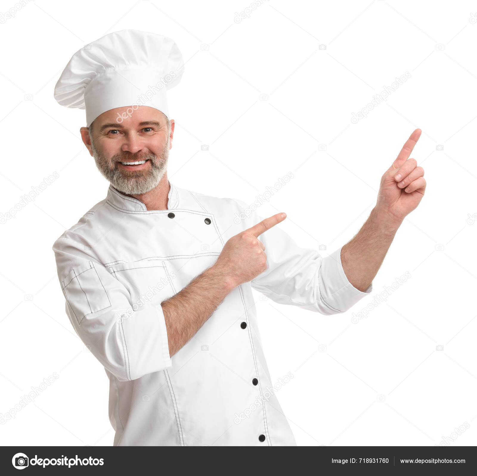 Happy Chef Uniform Pointing Something White Background — Stock Photo ...