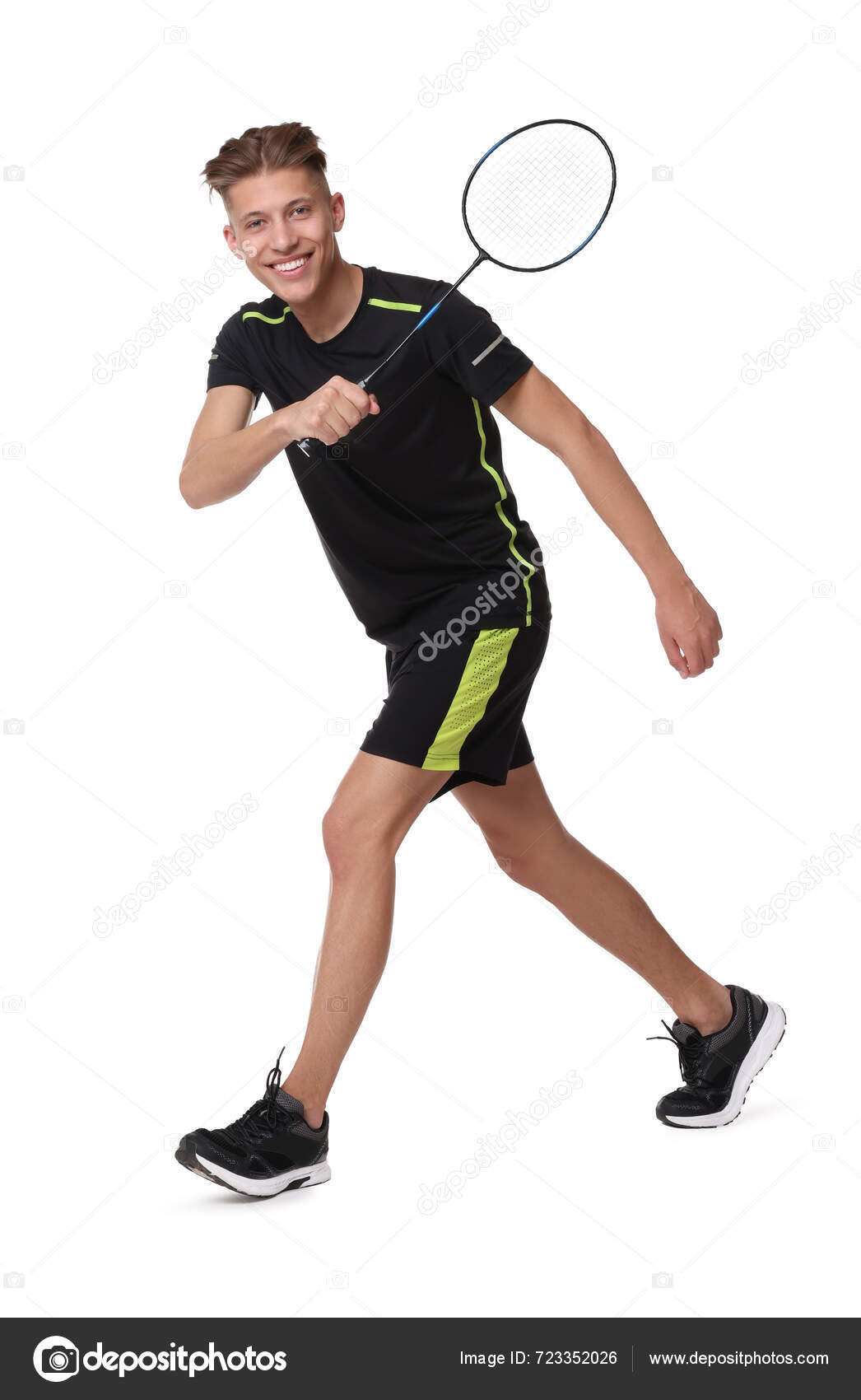 Young Man Playing Badminton Racket White Background — Stock Photo ...