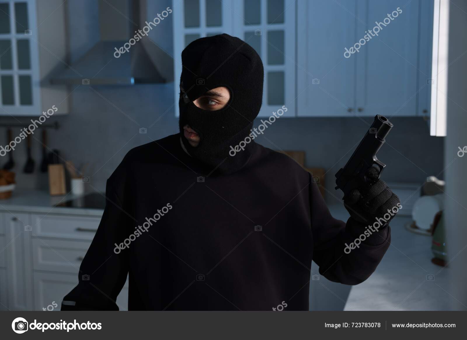 Thief Wearing Balaclava Gun Foreign House Burglary — Stock Photo ...