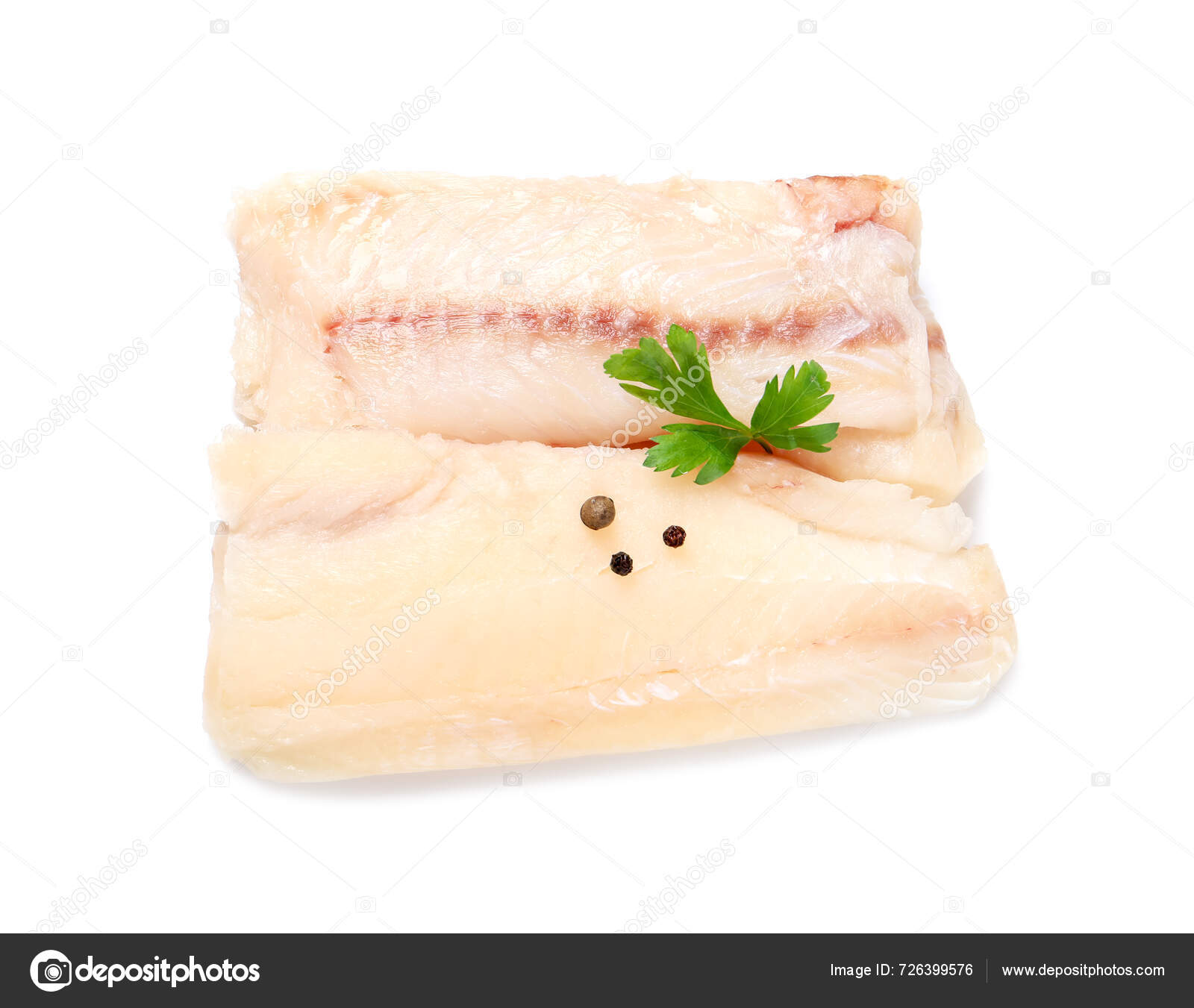 Pieces Raw Cod Fish Parsley Peppercorns Isolated White — Stock Photo ...