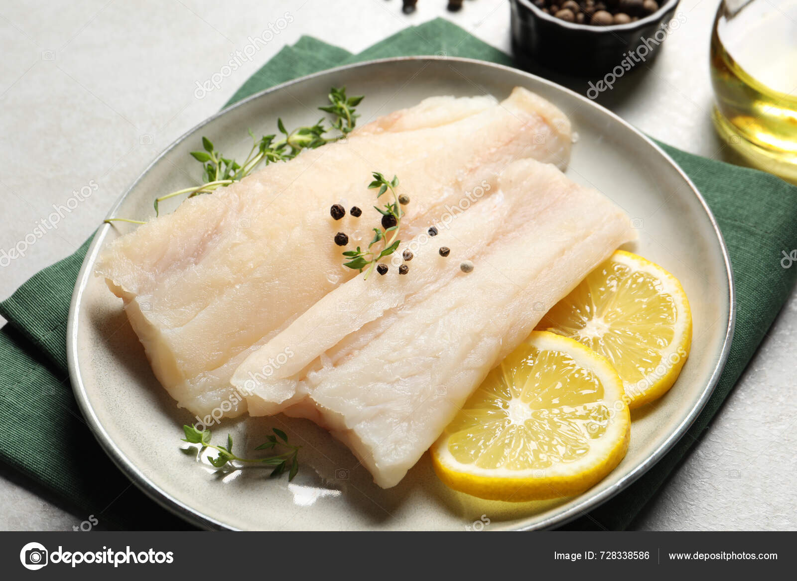 Plate Raw Cod Fish Spices Microgreens Lemon Grey Table Closeup — Stock ...
