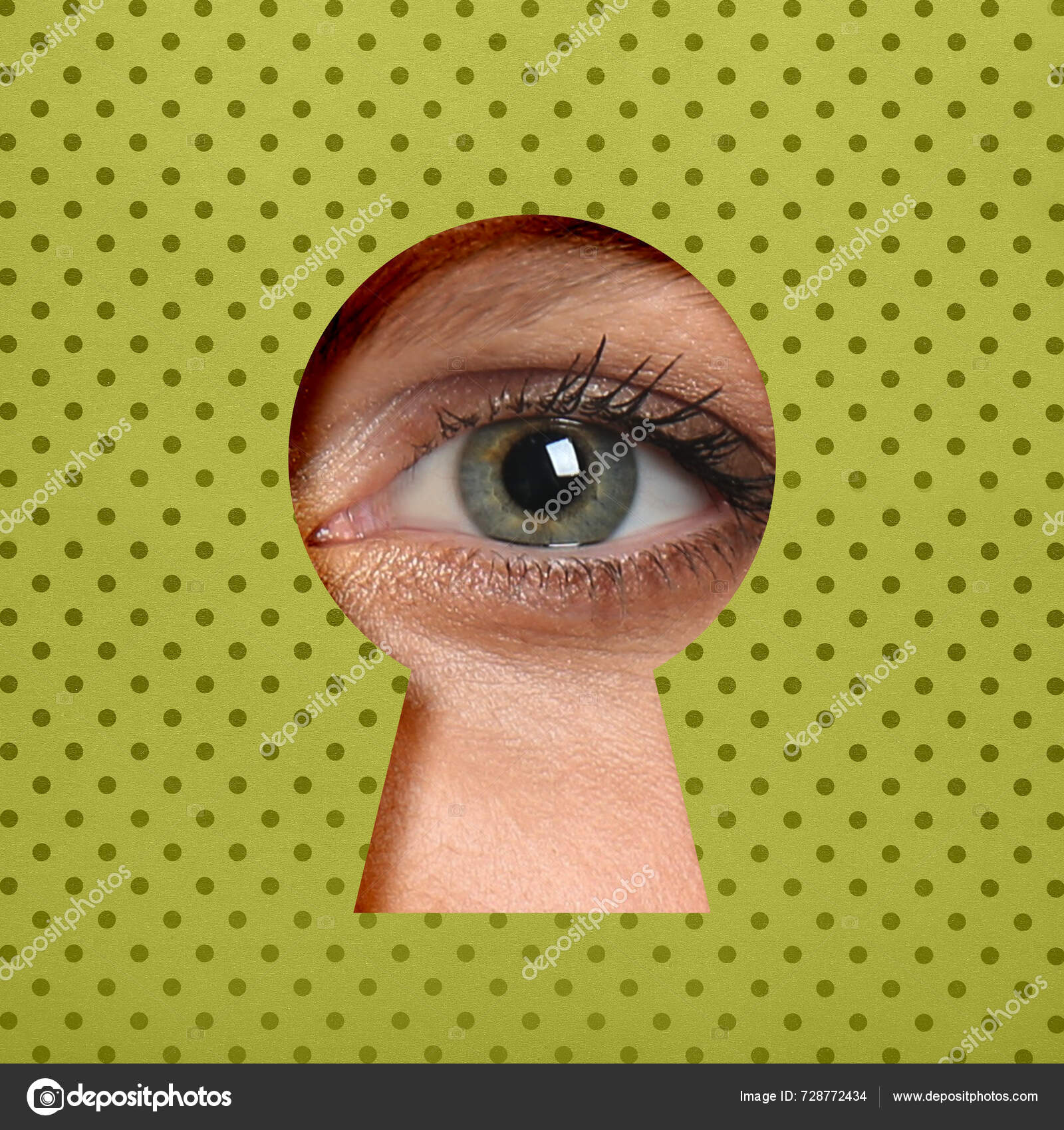 Woman Looking Keyhole Light Green Dotted Surface — Stock Photo ...