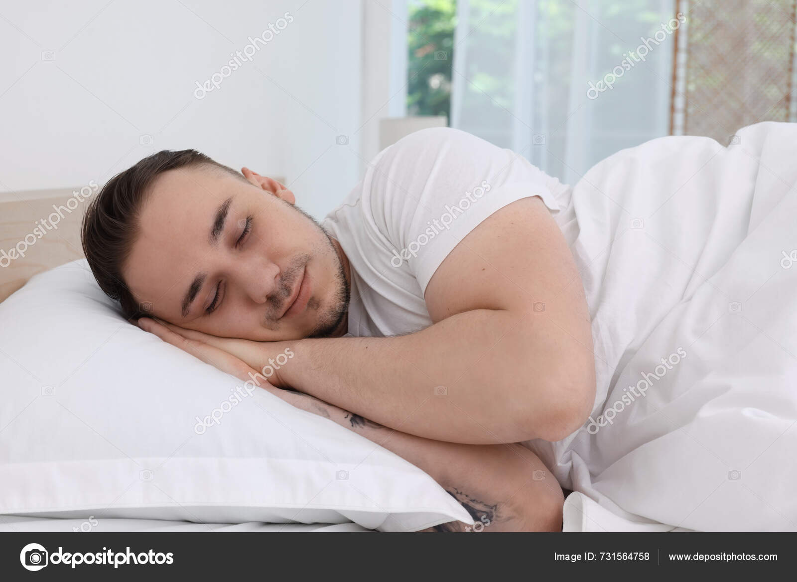 Bedtime Handsome Man Sleeping Bed Indoors — Stock Photo © NewAfrica ...